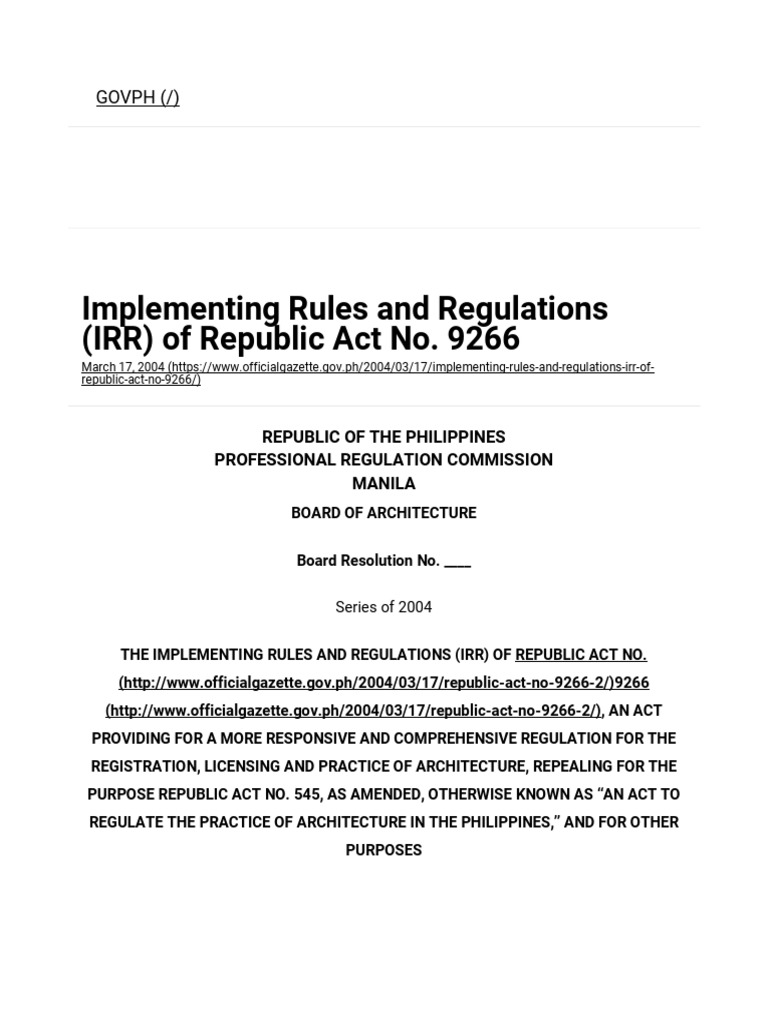 Irr Ra 9266 PDF | PDF | Licensure | Architect