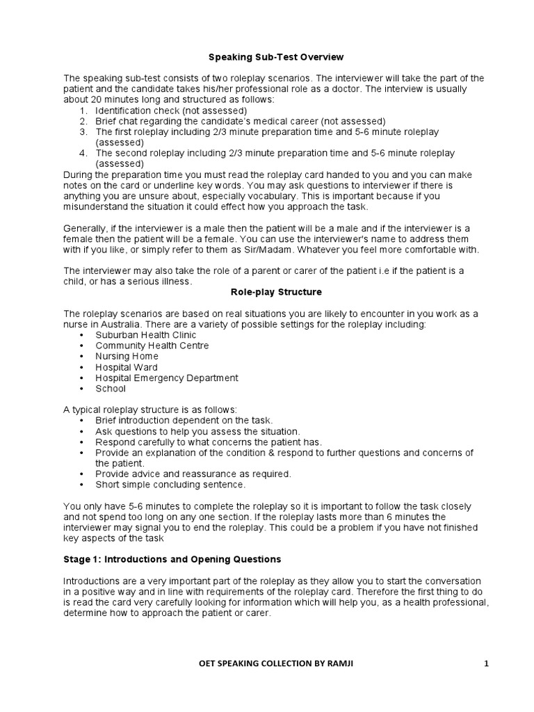 Speaking Notes - Oet | PDF | Patient | Question
