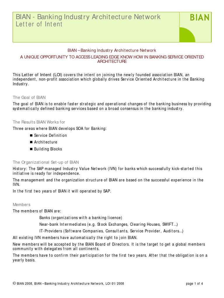 Letter of Intent: BIAN - Banking Industry Architecture Network | PDF ...