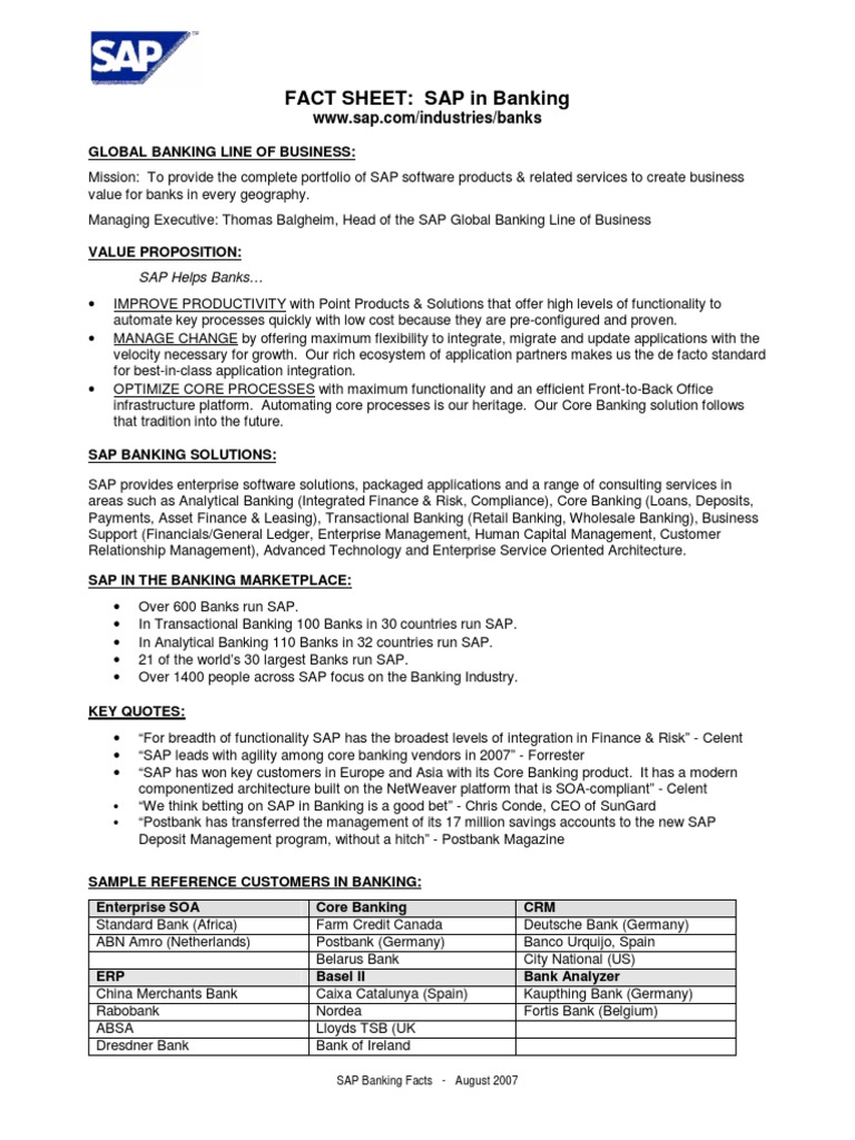 FACT SHEET: SAP in Banking: Global Banking Line of Business | PDF | Sap ...