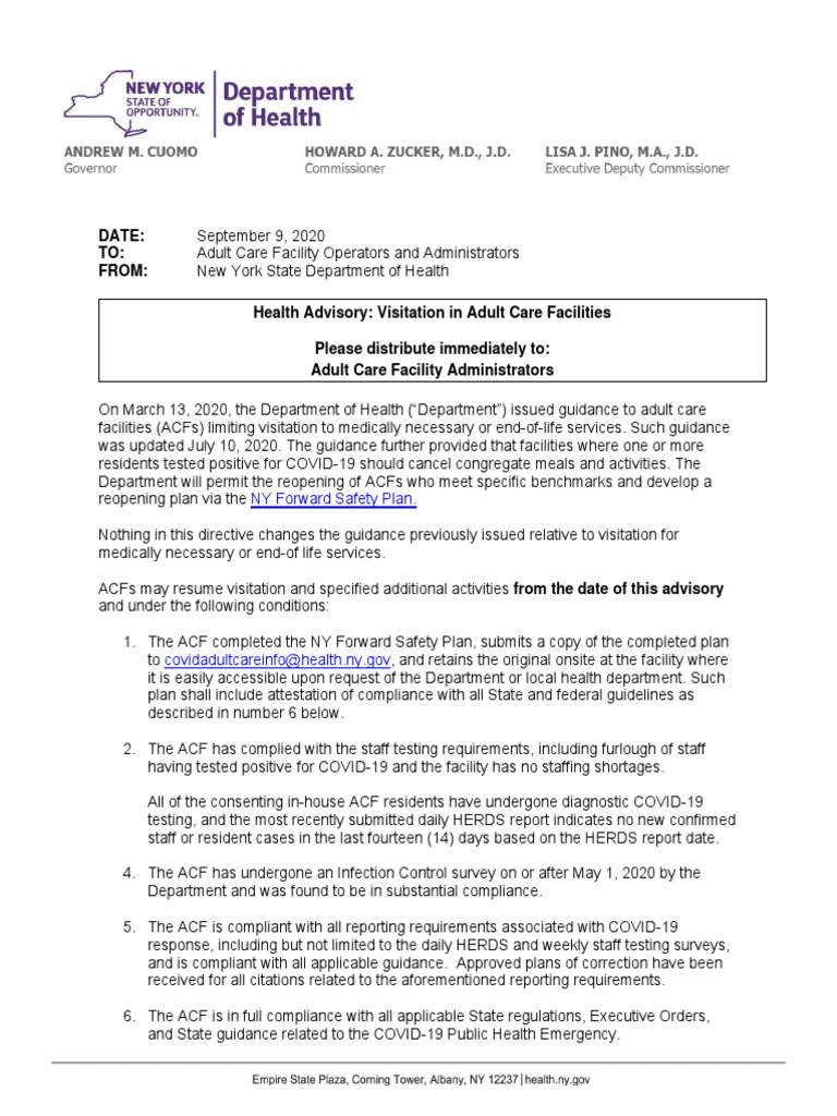Health Advisory Adult Care Facilities Visitation 9-9-2020 | PDF ...