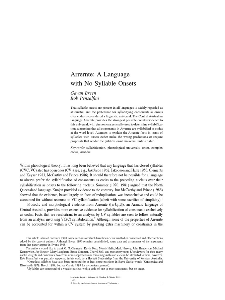 Arrernte: A Language With No Syllable Onsets: Gavan Breen Rob ...