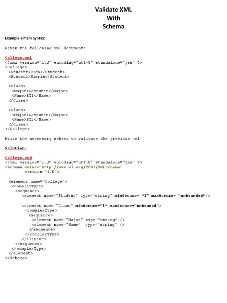 Validate XML With Schema: Example + Main Syntax | PDF | Xml Schema ...