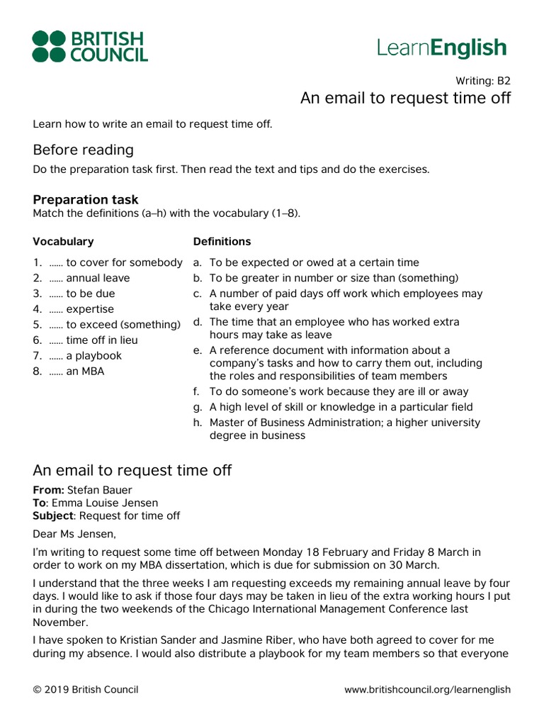 An Email To Request Time Off: Before Reading | PDF