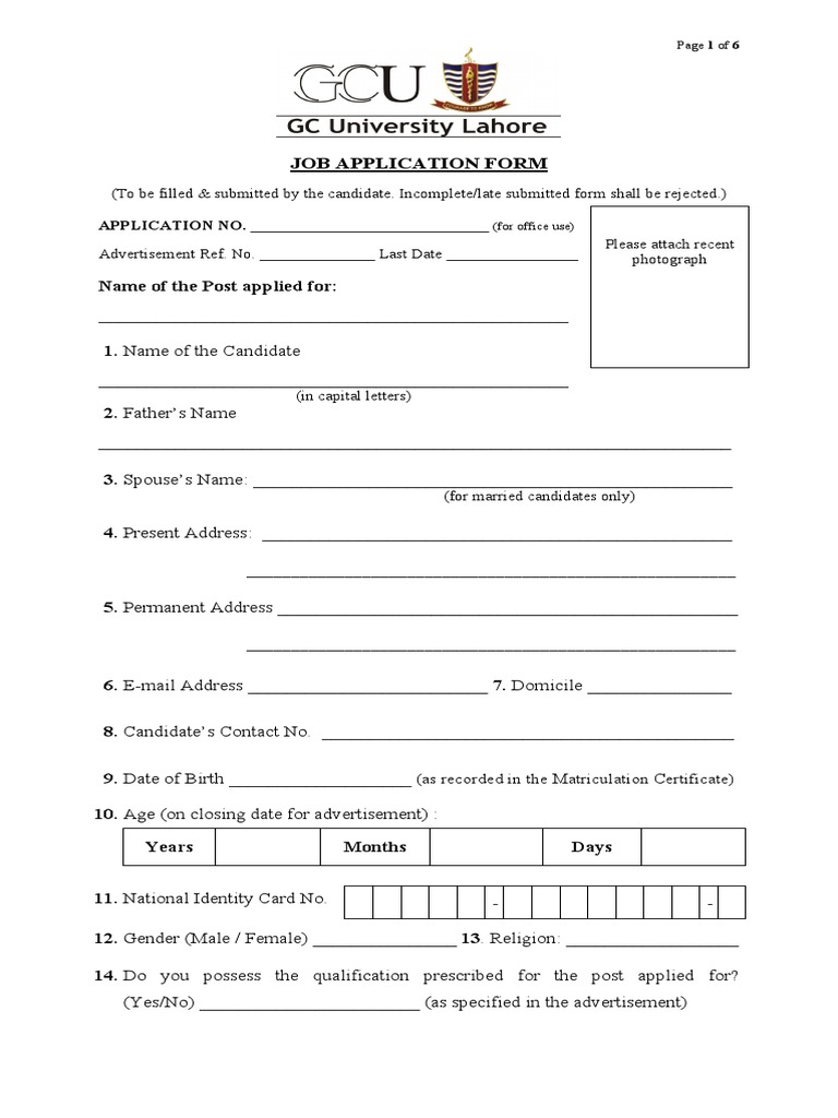 Job Application Form: (To Be Filled & Submitted by The Candidate ...