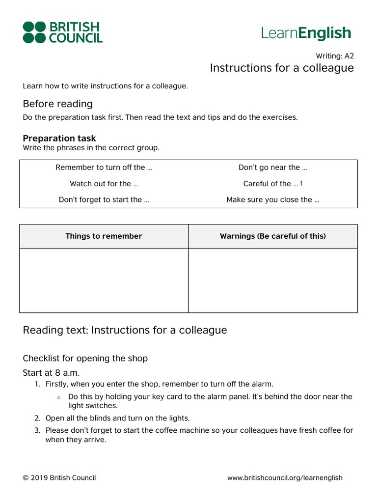 9.LearnEnglish Writing A2 Instructions For A Colleague PDF | PDF | Business