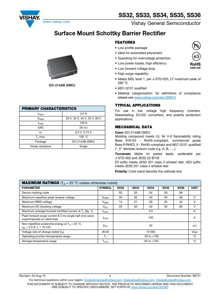 SS32, SS33, SS34, SS35, SS36: Vishay General Semiconductor | PDF ...