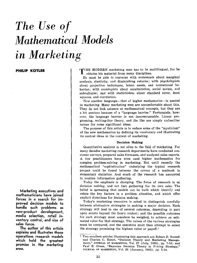 Mathematical Models in Marketing | PDF | Linear Programming | Matrix ...
