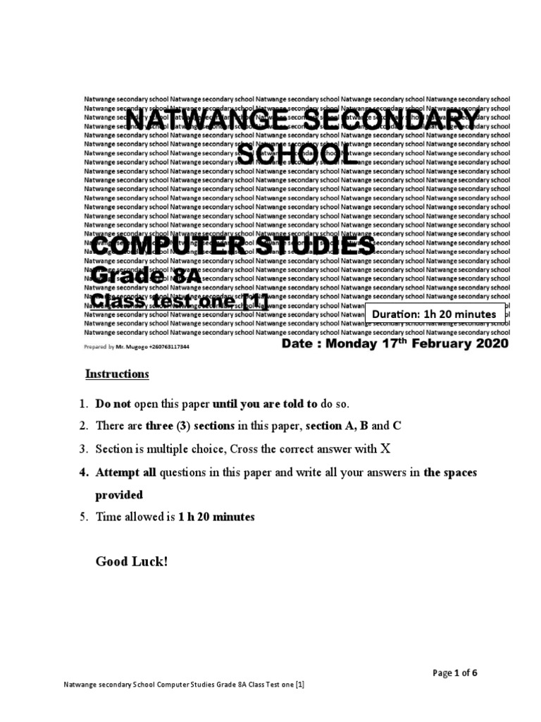 Computer Studies Grade 8 Test 1 From Natwange Secondary School. | PDF ...