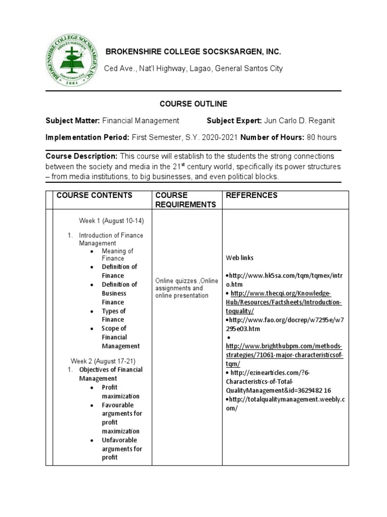 Finance 101 Course Outline | PDF | Economies | Business
