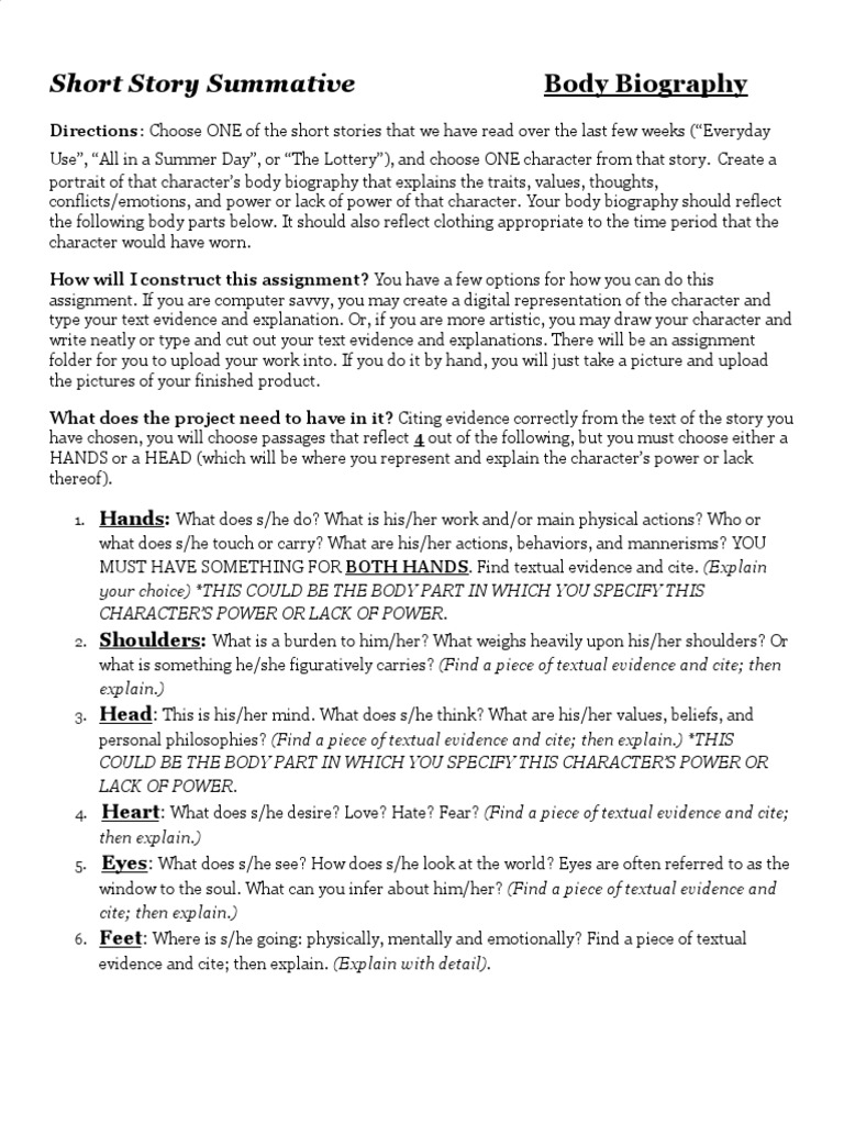 Short Story Summative: Body Biography | PDF | Psychological Concepts ...