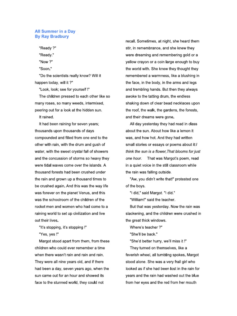 All Summer in A Day - Ray Bradbury PDF | PDF