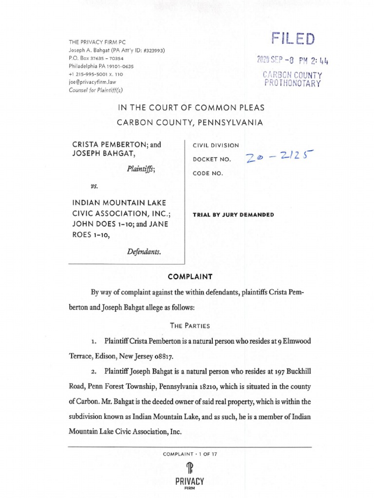 Civil Complaint Against Indian Mountain Lake Civic Association | PDF ...