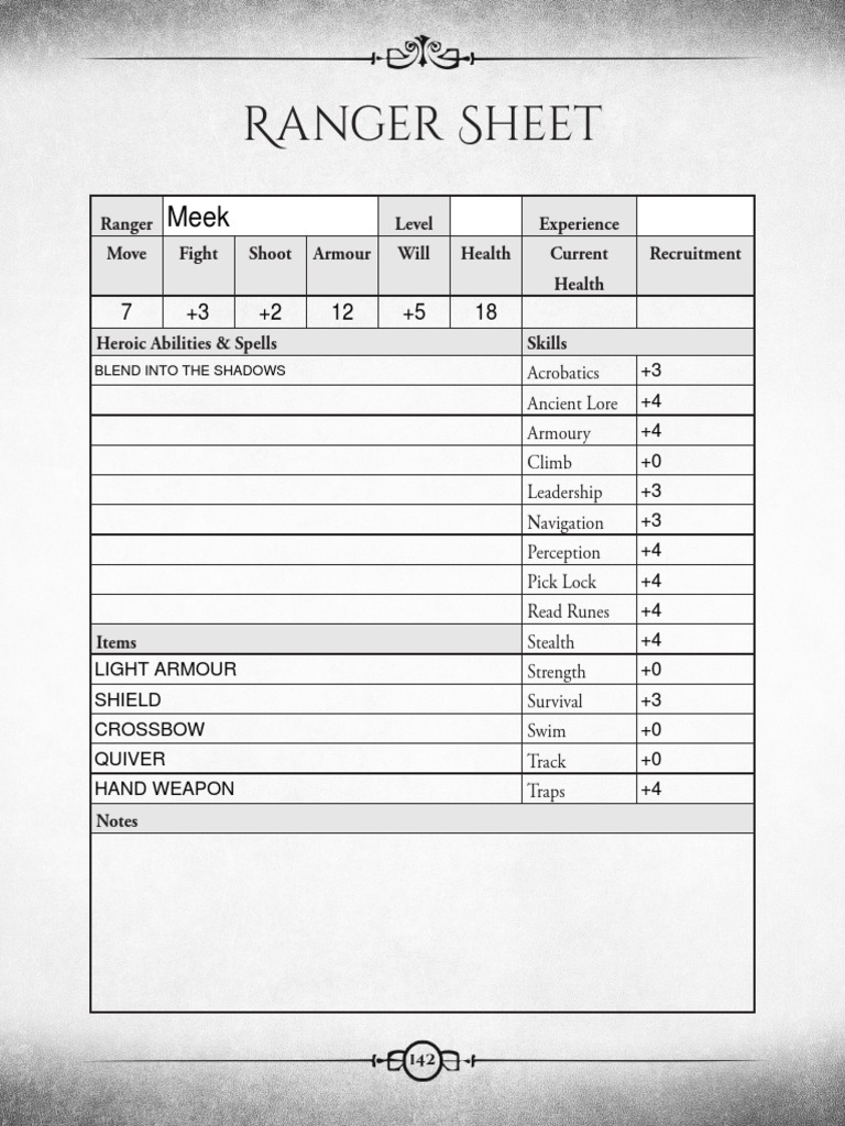 Ranger Sheet: Ranger Level Experience Move Fight Shoot Armour Will ...