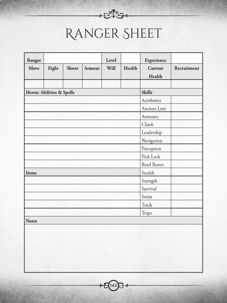 Ranger Sheet: Ranger Level Experience Move Fight Shoot Armour Will ...