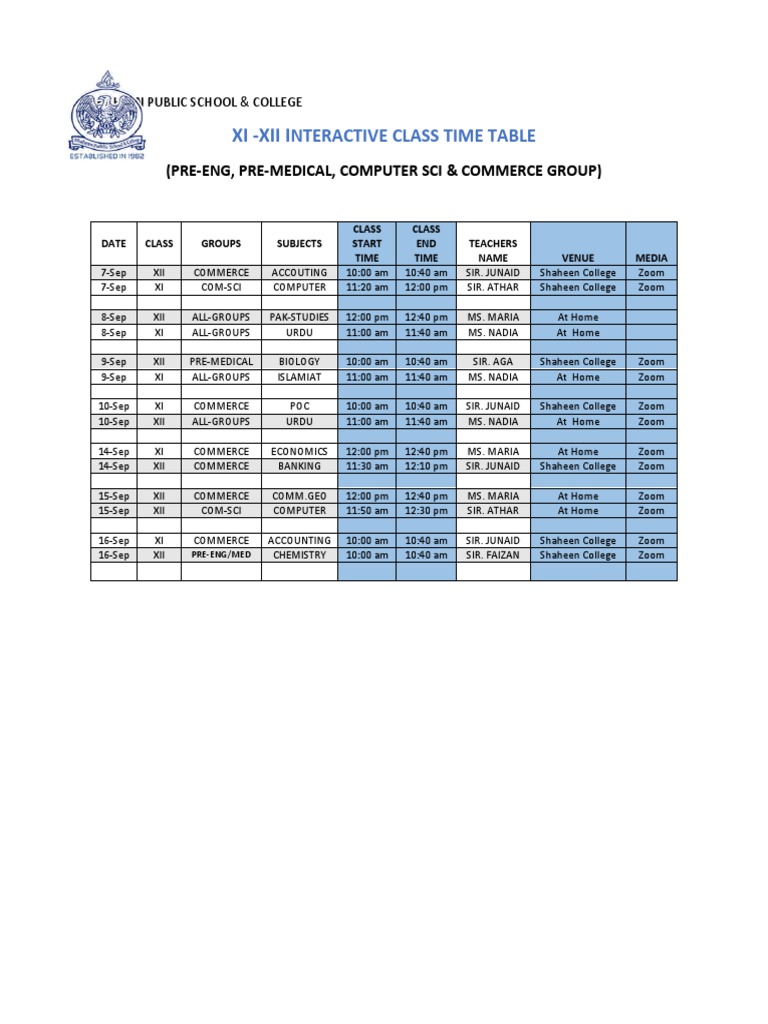 Interactive Class Schedule | PDF