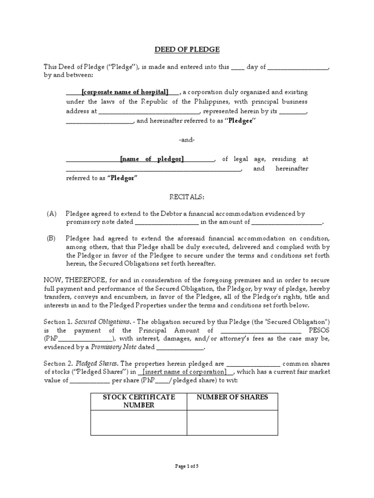 Template - Deed of Pledge - Shares of Stocks | PDF | Deed | Lien