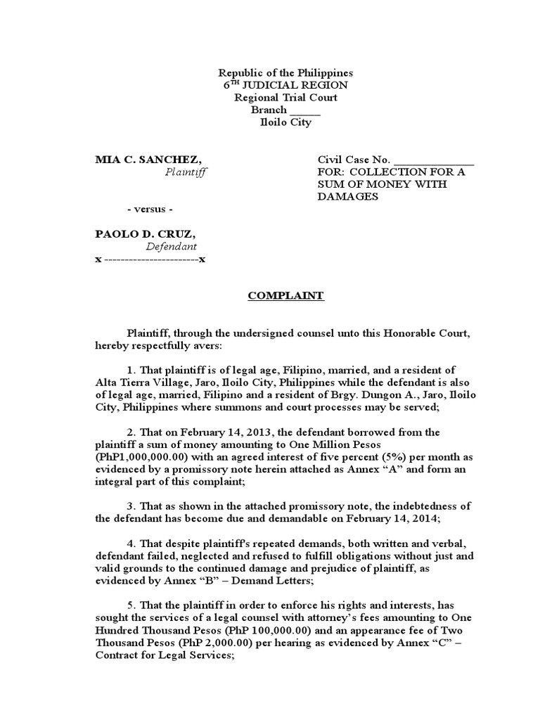 Sample Complaint For Collection For A Sum of Money | PDF | Lawsuit ...