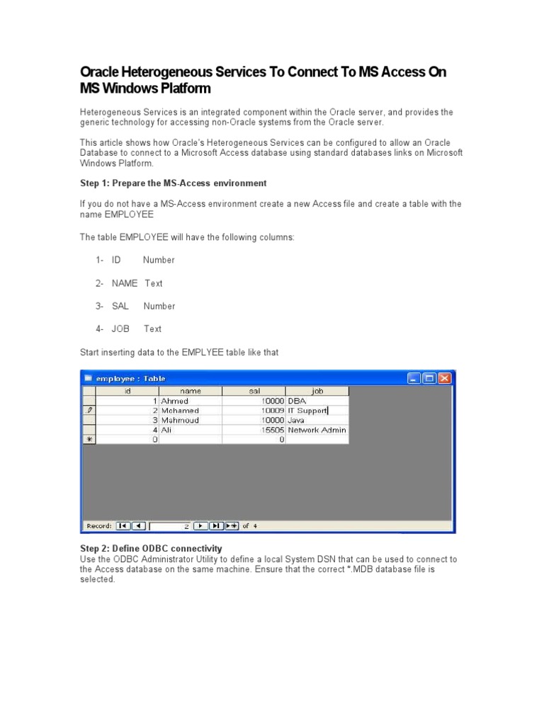 Oracle Heterogeneous Services To Connect To Ms Access On Ms Windows Pdf Microsoft Access
