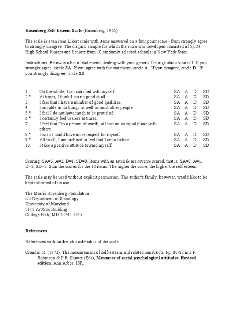 Rosenberg Self-Esteem Scale (Rosenberg, 1965) | Applied Psychology ...
