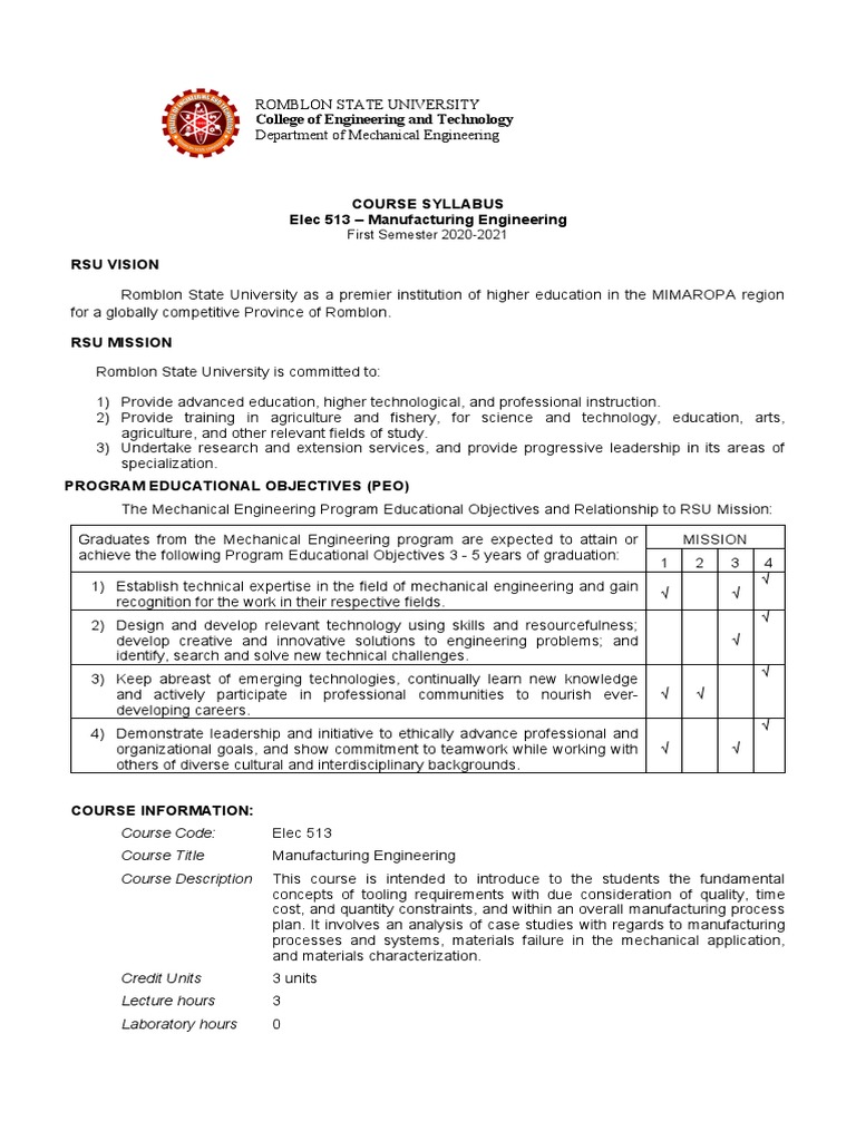 OnlineClassOBE Syllabus Manufacturing Engineering | PDF | Engineering ...