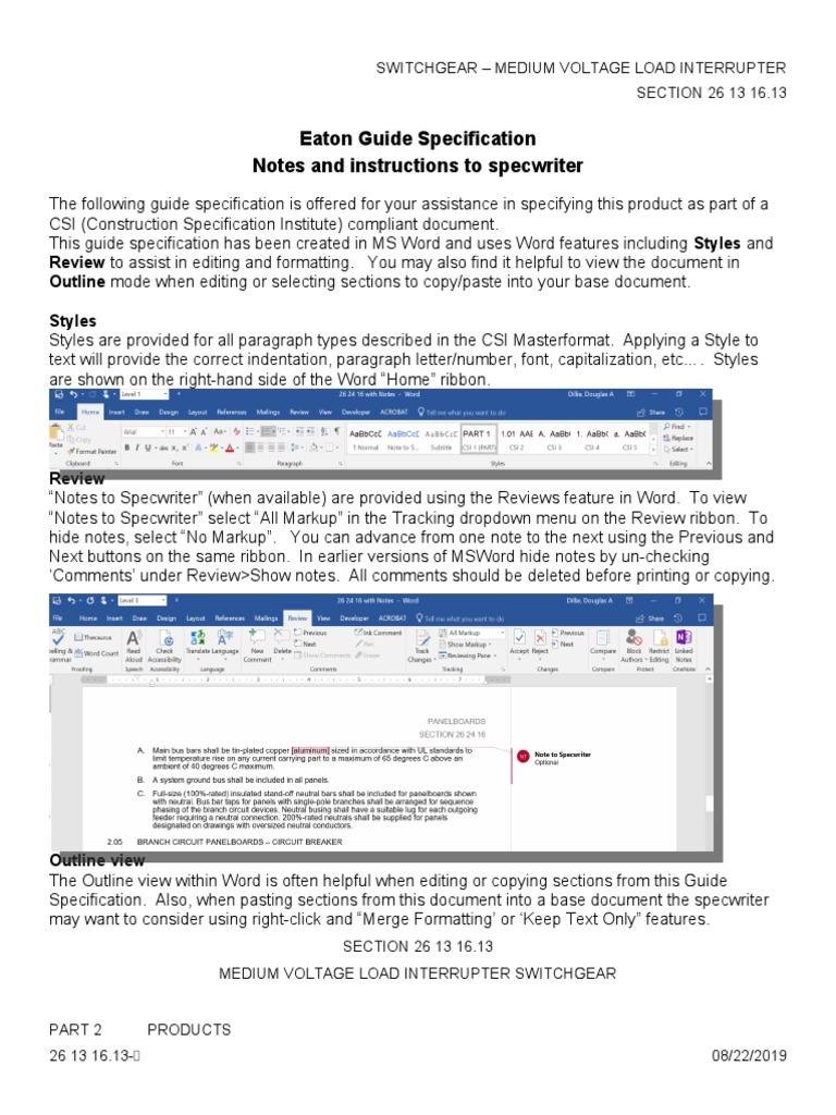 Eaton Guide Specification Notes and Instructions To Specwriter | PDF ...