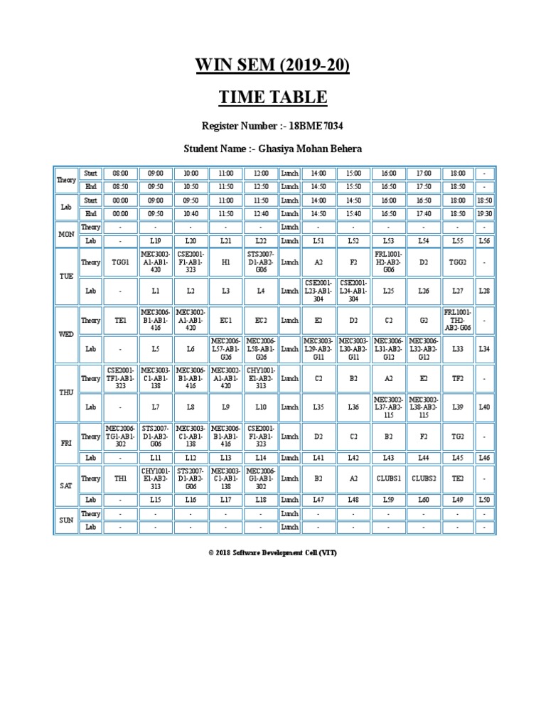 WIN SEM (2019-20) Time Table: Register Number:-18BME7034 Student Name ...