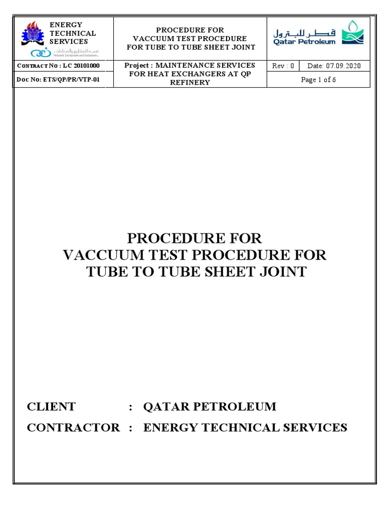 Procedure For Vacuum Test Procedure For Tube To Tubesheet Joint - Rev.0 ...