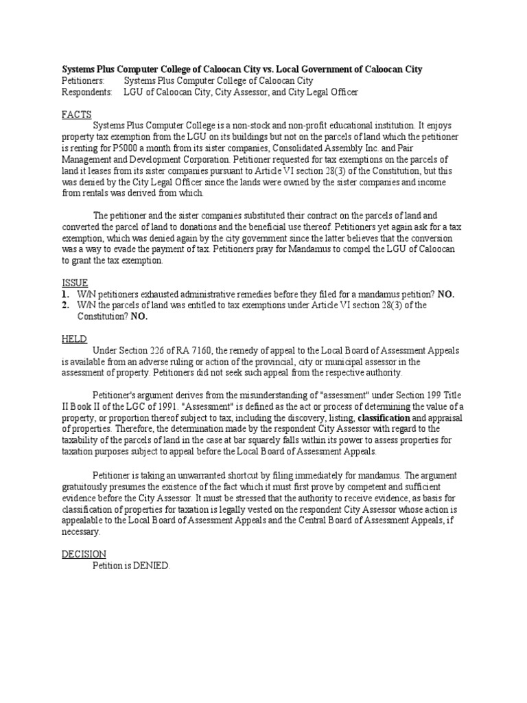 Systems Plus Computer College of Caloocan vs. LGU Caloocan | PDF | Tax ...
