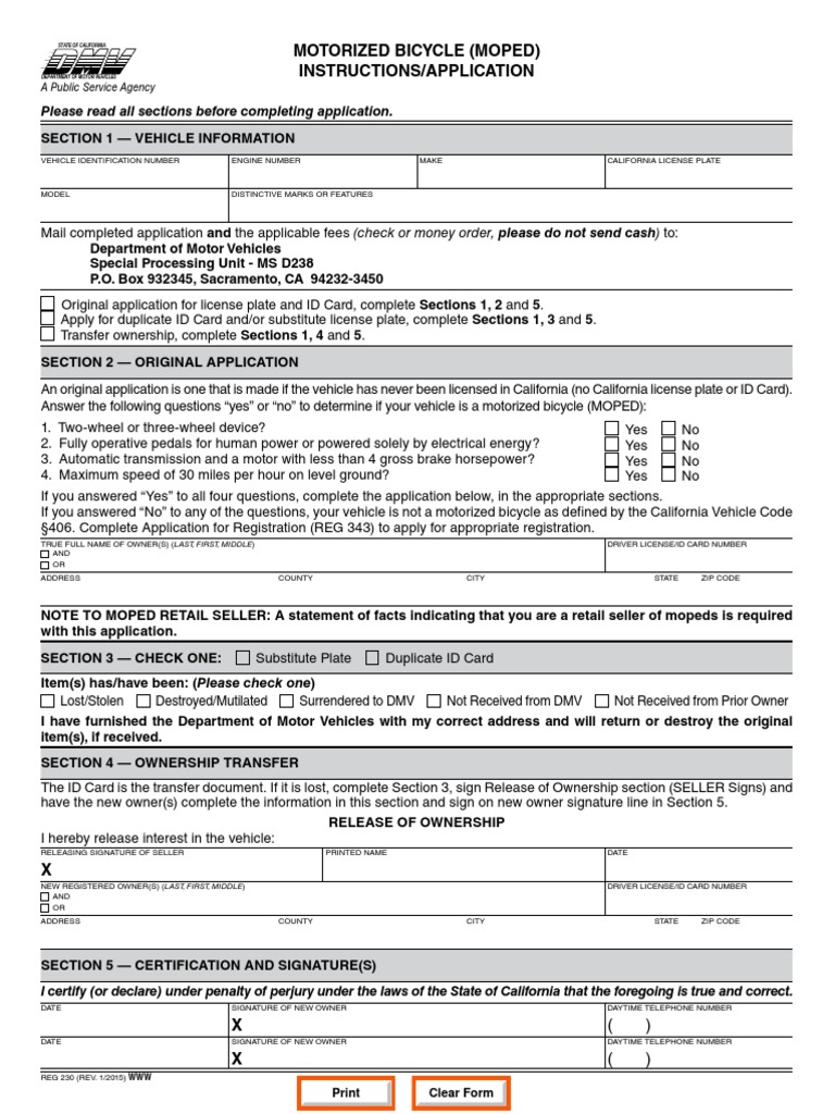 Motorized Bicycle (Moped) Instructions/Application: Please Read All Sections Before Completing ...