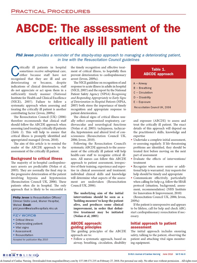 ABCDE. The Assessment of The Critically Ill Patient | PDF ...