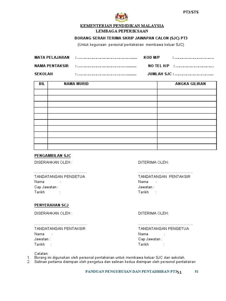 Borang Serah Terima Skrip Jawapan Calon PT3 | PDF