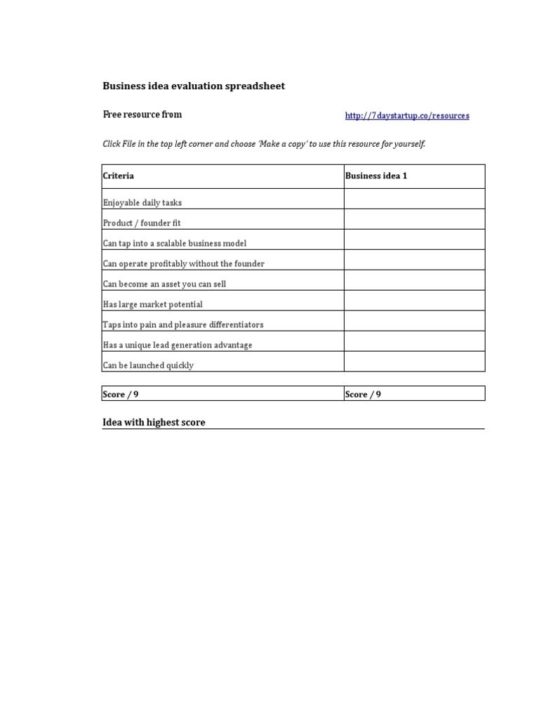Business Idea Evaluation Spreadsheet (Public) | PDF