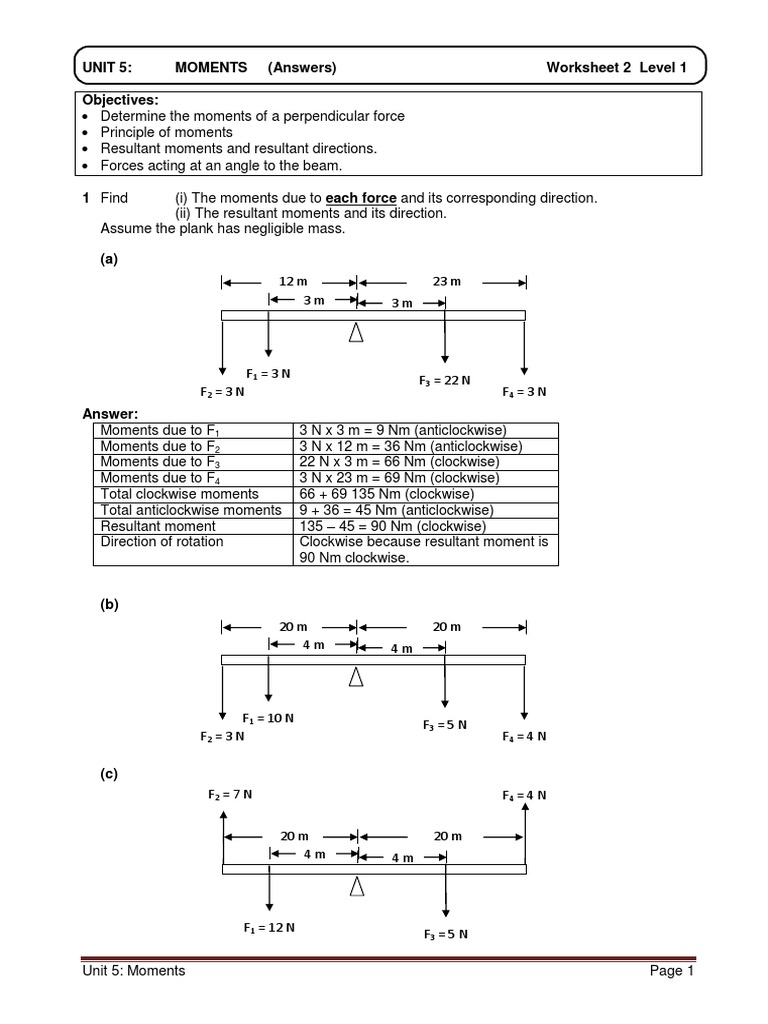 Unit 5: Moments (Answers) Worksheet 2 Level 1 Objectives | PDF ...