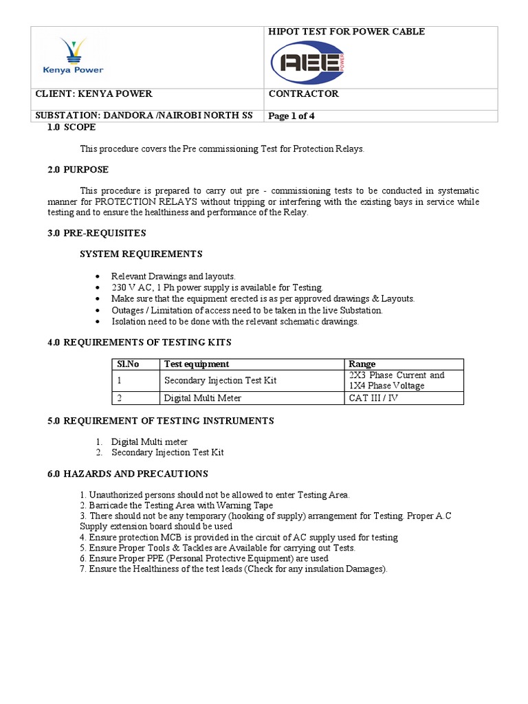 Method Statement For Protection Testing | PDF | Relay | Electrical ...