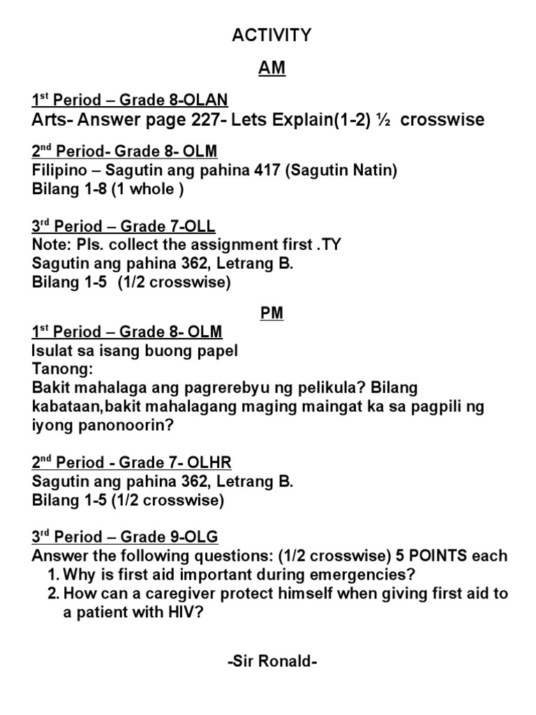 Grade 8-9 Activity Assignments | PDF