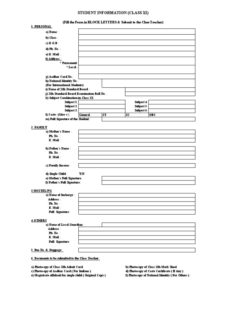 Student Information (Class Xi) : (Fill The Form in BLOCK LETTERS ...