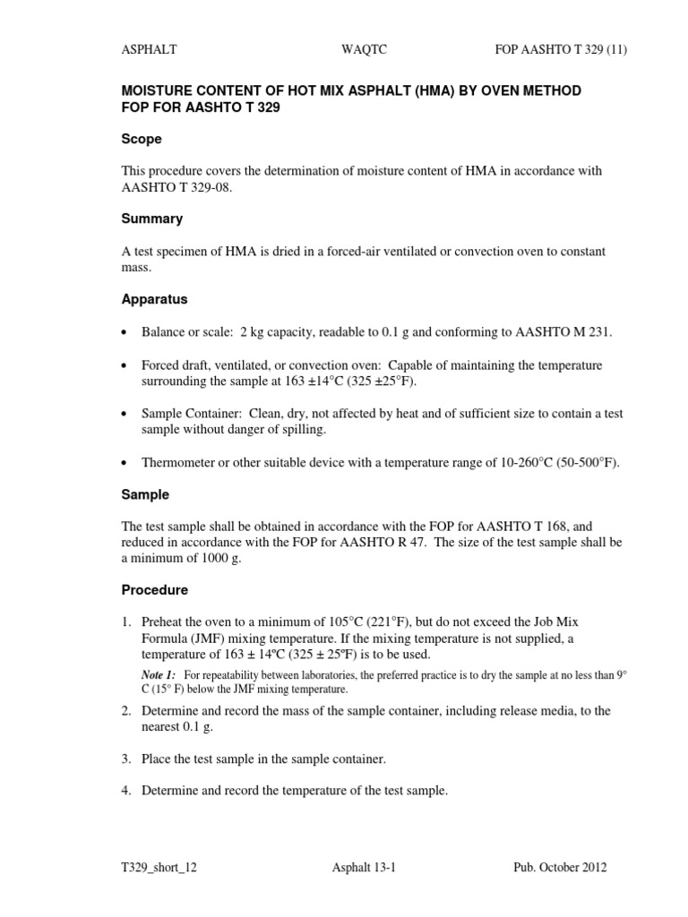 Moisture Content of Hot Mix Asphalt (Hma) by Oven Method Fop For Aashto ...