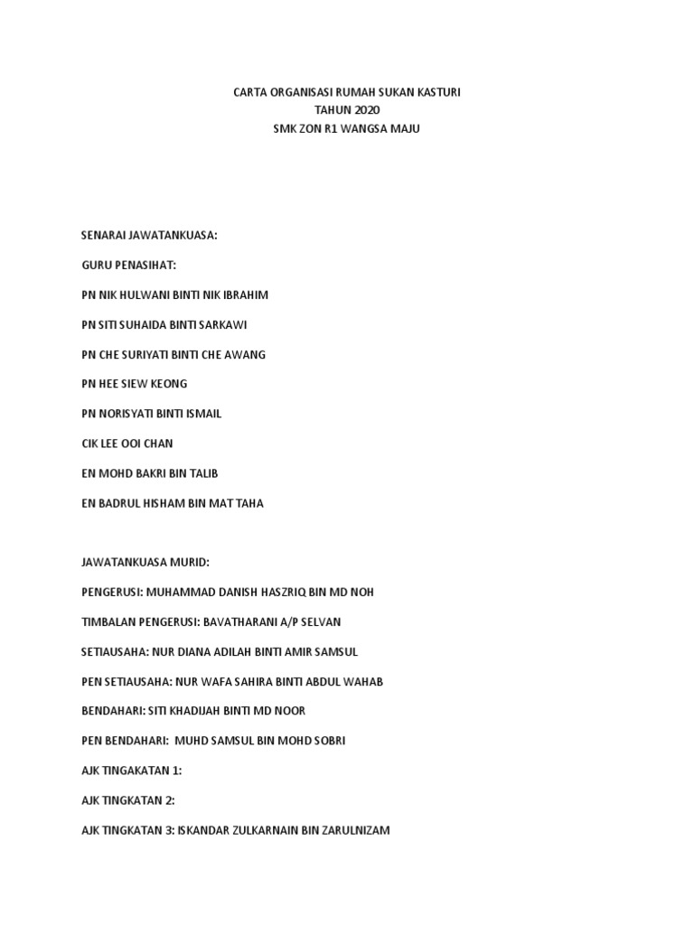 Carta Organisasi Rumah Sukan Kasturi | PDF