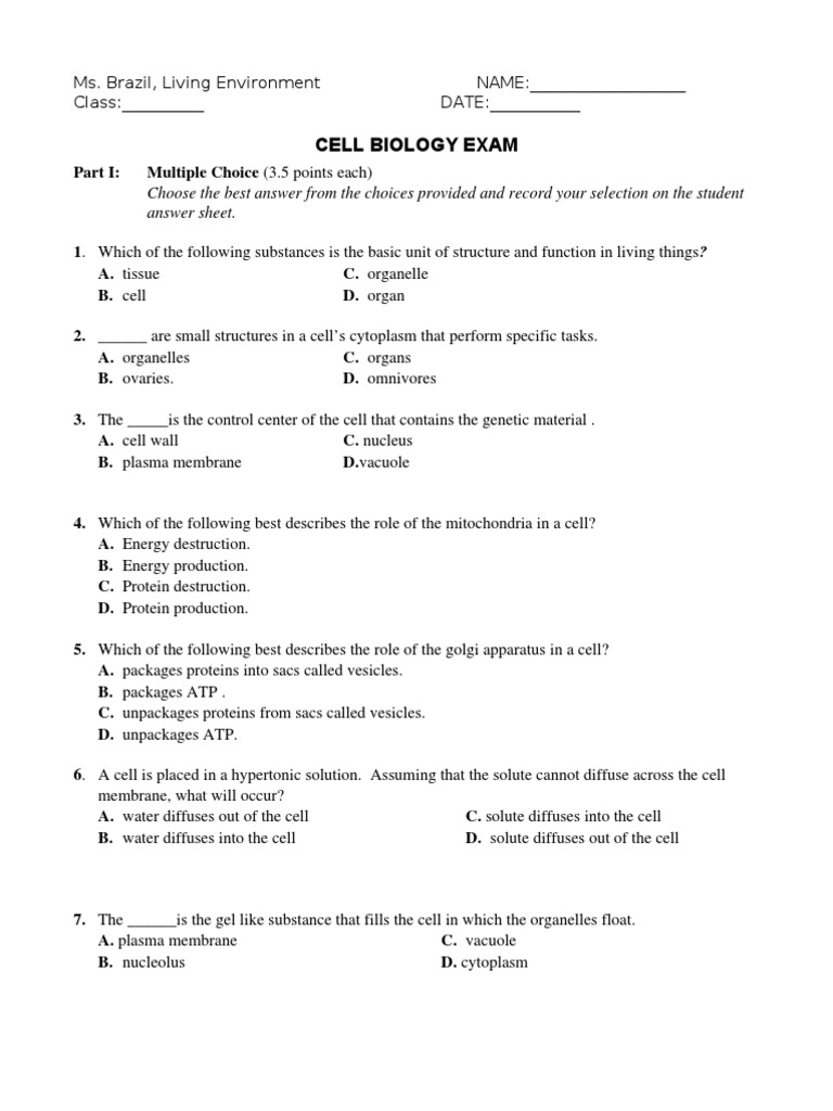 Cell Biology Exam Overview | PDF | Cofactor (Biochemistry) | Cell (Biology)