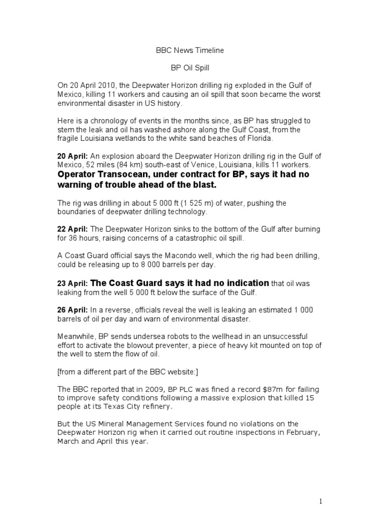 BP Oil Spill BBC News Timeline | PDF | Bp | Deepwater Horizon