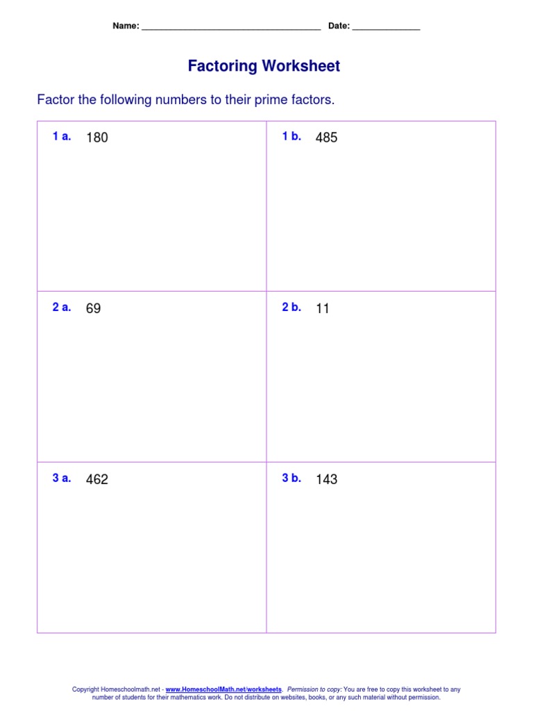 Factoring Worksheet: Factor The Following Numbers To Their Prime ...