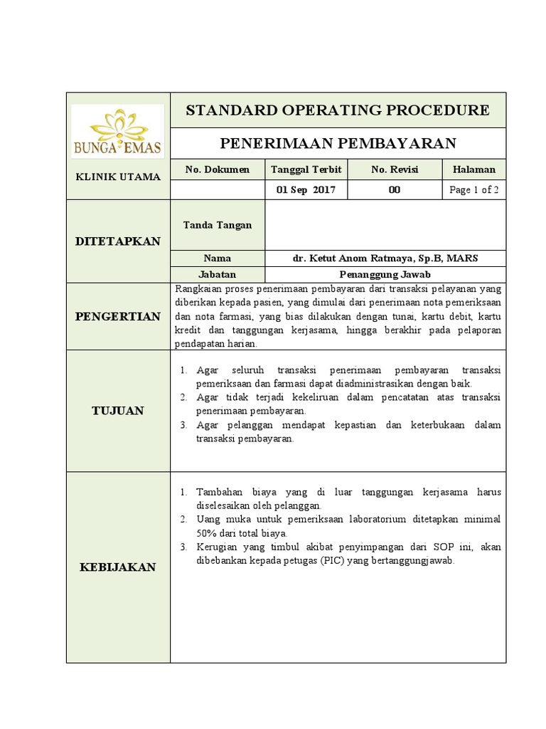SOP Penerimaan Pembayaran Klinik | PDF | Pengelolaan Keuangan & Uang