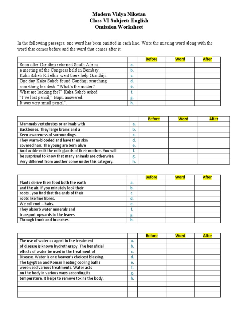 Modern Vidya Niketan Class VI Subject: English Omission Worksheet | PDF ...