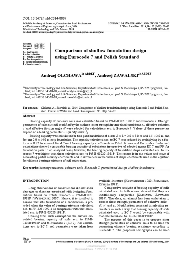 Comparison of Shallow Foundation Design Using Eurocode 7 and Polish ...