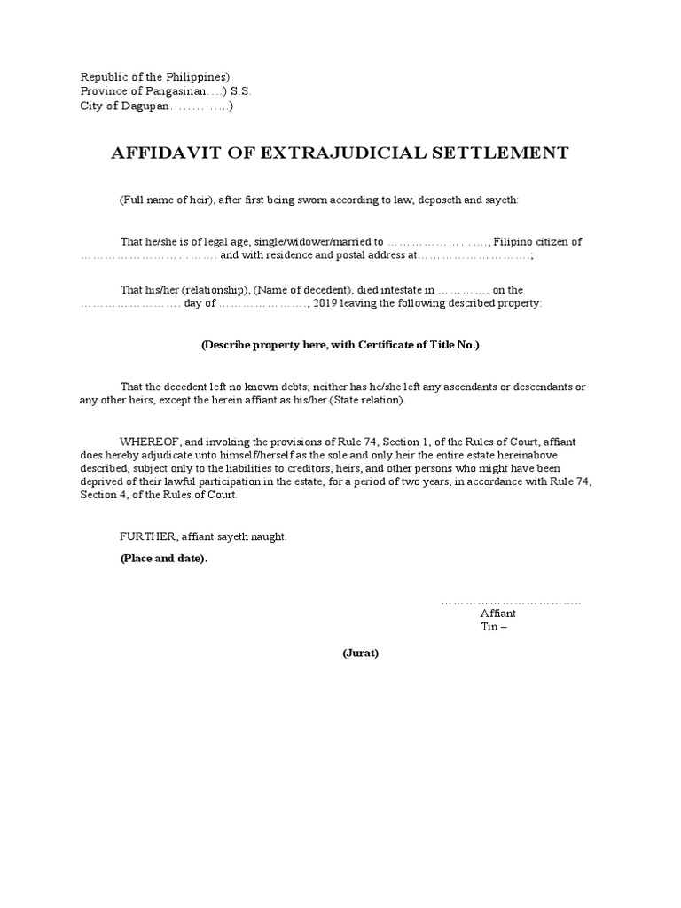 Affidavit of Extrajudicial Settlement of Estate | PDF