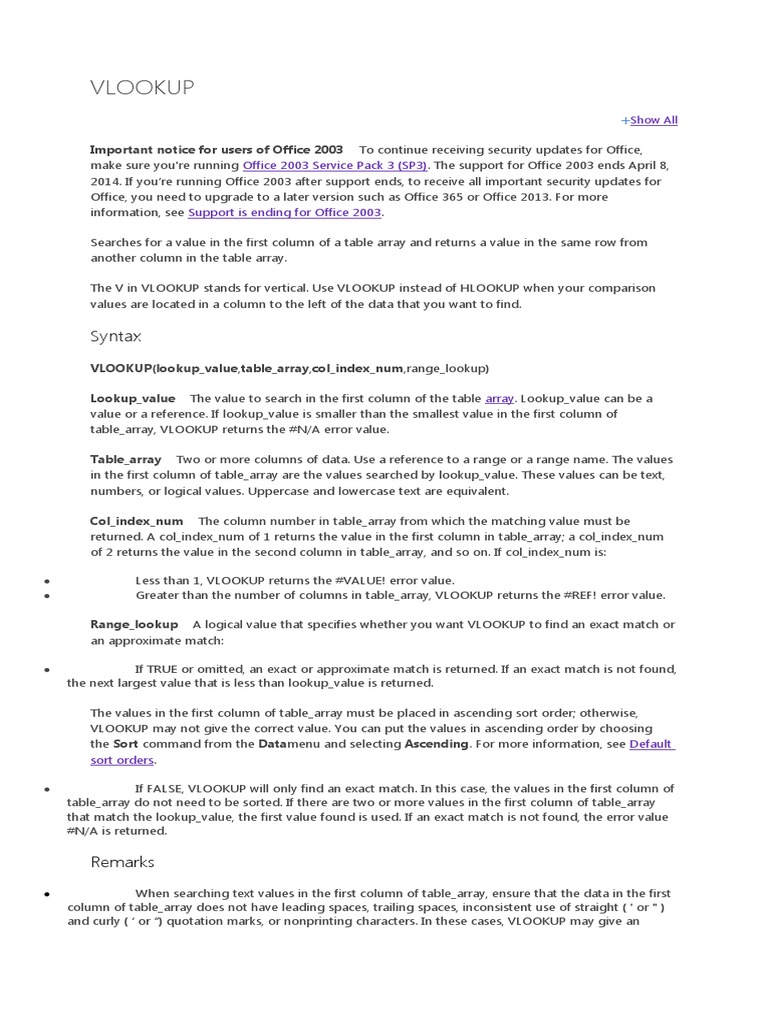 Vlookup: Syntax | Download Free PDF | Array Data Structure | Parameter (Computer Programming)