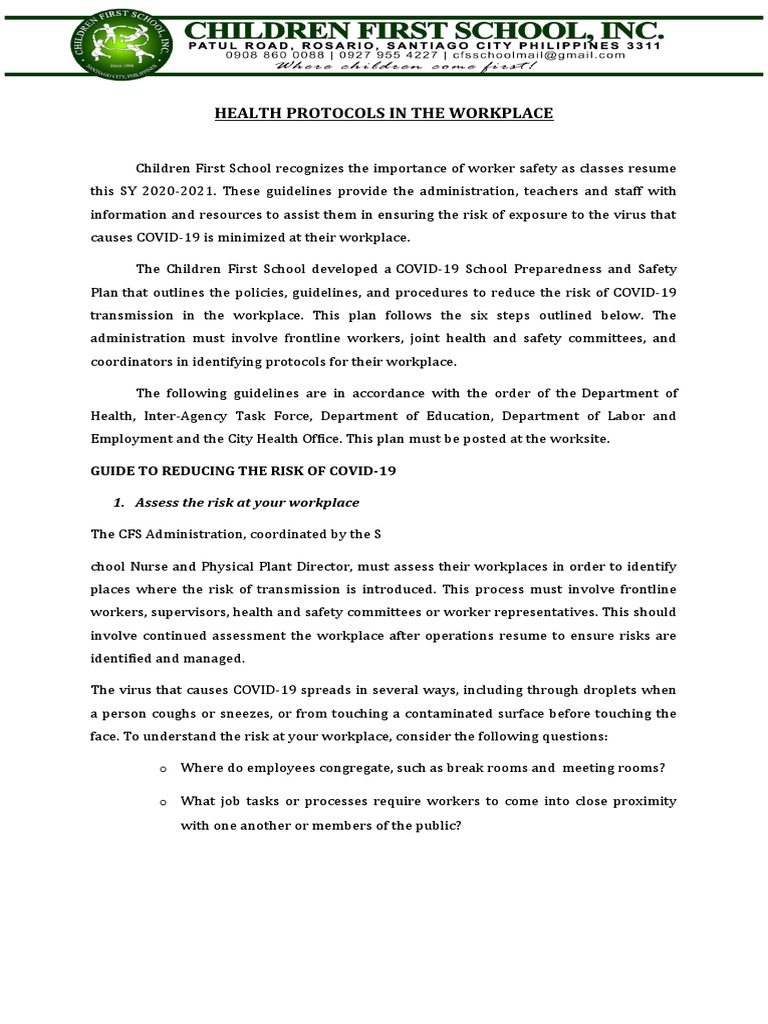 Health Protocols in The Workplace | PDF | Occupational Safety And ...