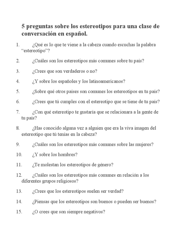 5 Preguntas Sobre Los Estereotipos para Una Clase de Conversación en ...