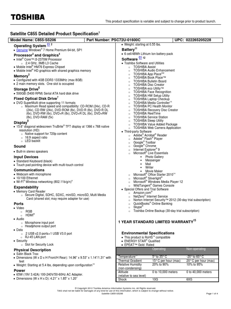 Toshiba c855 s5206 Psc72u 01600c Manual de Usuario PDF | PDF | Random Access Memory | Microsoft ...